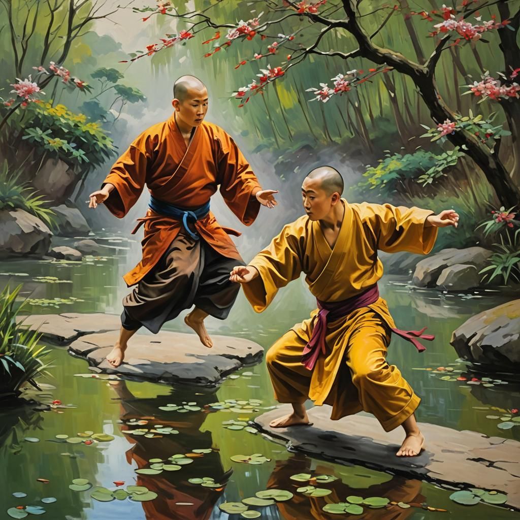one Kung fu monk (impressionist paintings), (Monet style), (((highly ...