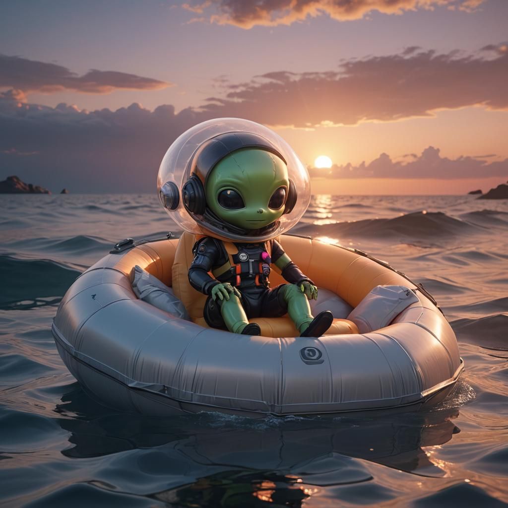 Cute alien is sitting inside an inflatable life boat. Floating on the ...