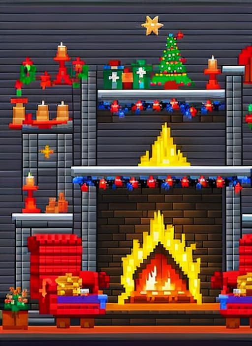 Fireplace decorated with Christmas stockings elves and candles pixel ...