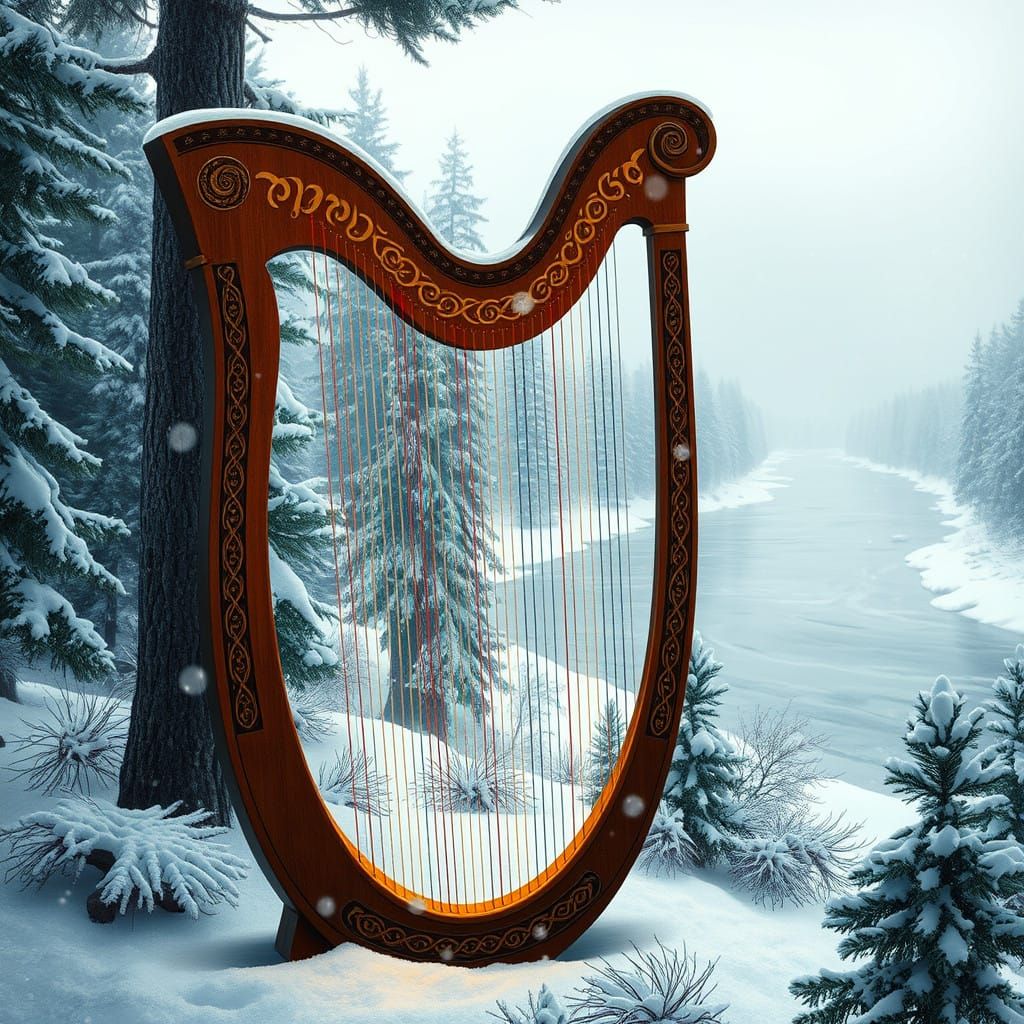 Ethereal Ancient Irish Harp amidst Snowy Pine Fore... - AI Art