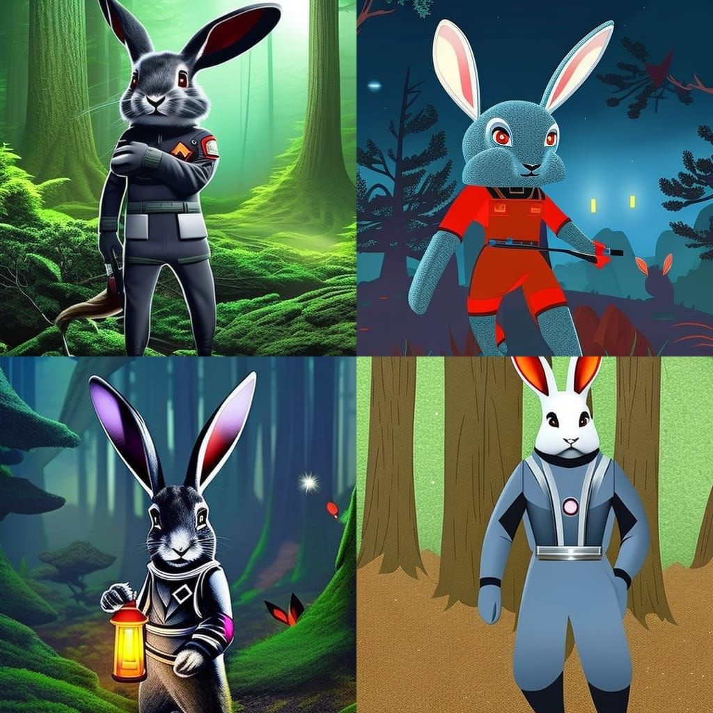 Create a scene with an anthropomorphic rabbit in a forest. The rabbit ...