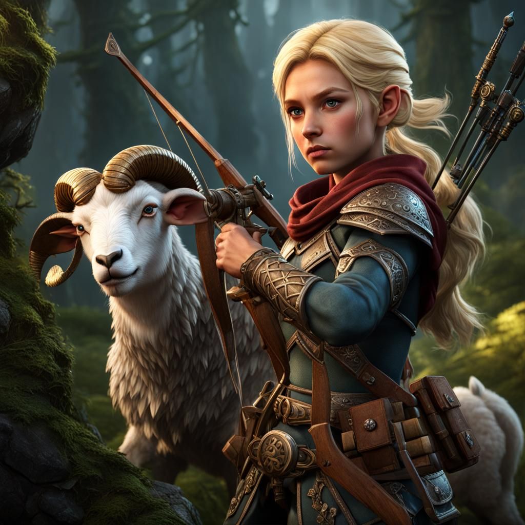 A female halfling ranger with blonde hair, holding a crossbow ...