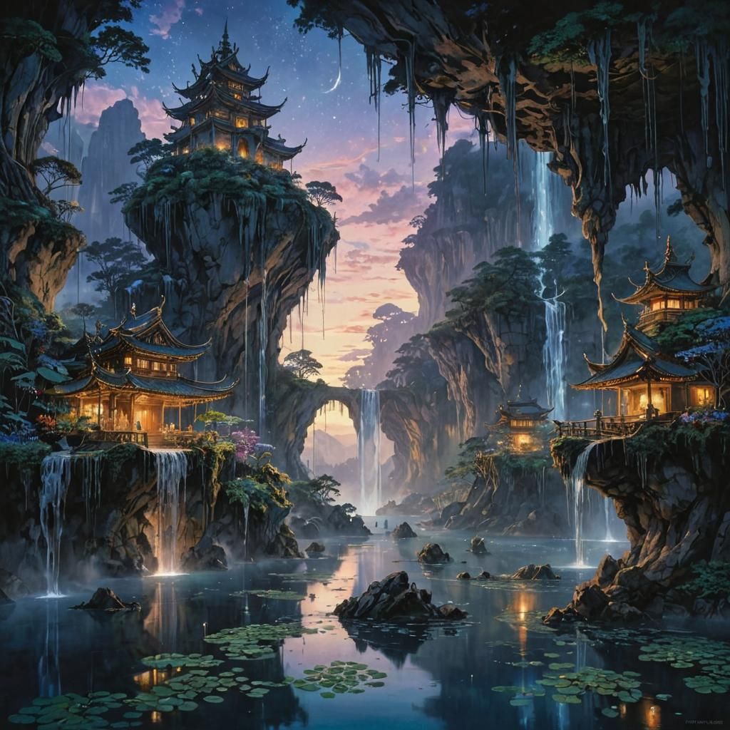art by Yoshitaka Amano, ethereal floating islands amidst a twilight sky ...