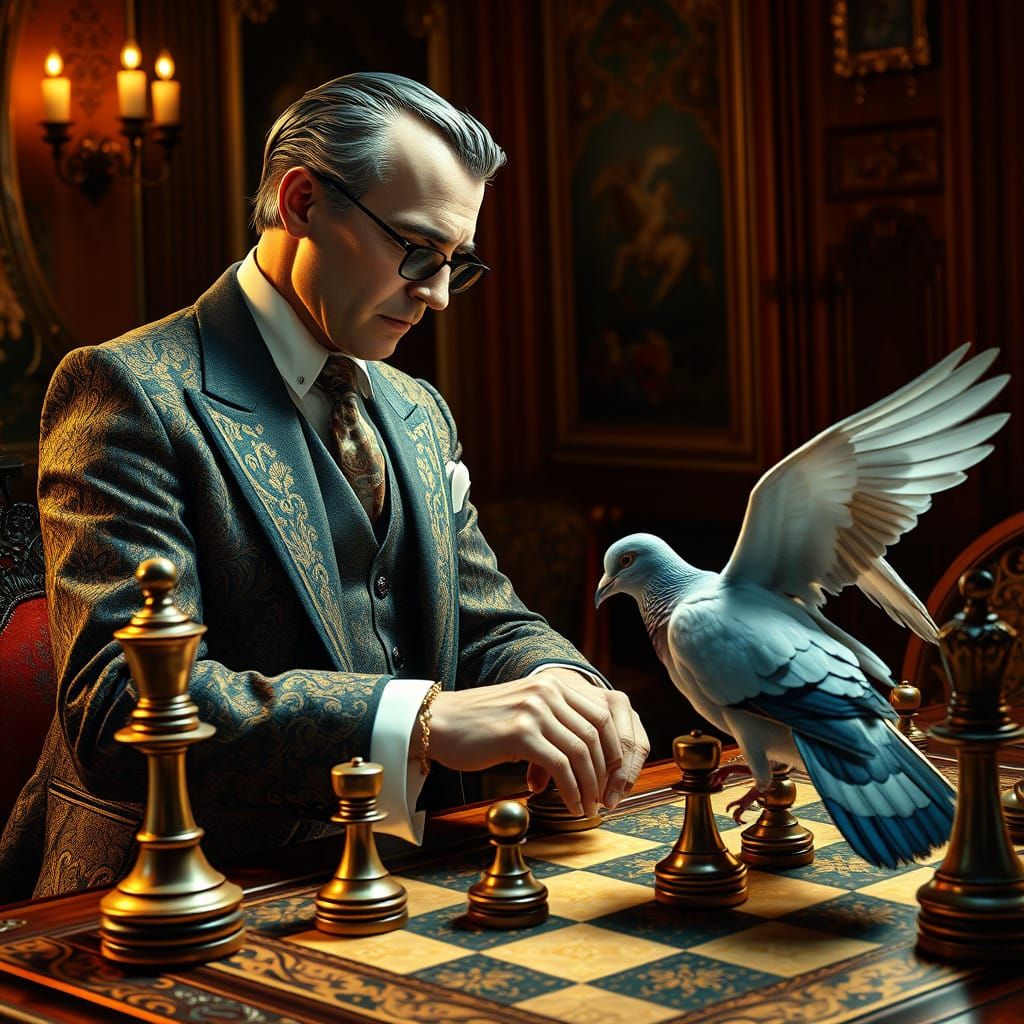 a man plays chess with a pigeon - Dignified Gentleman Engage...