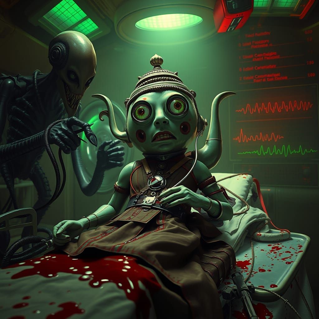 A terrified teapot; big eyes filled with fear and terrified, strapped ...