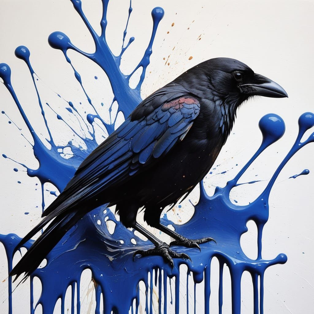Vibrant, Textured Abstract Painting of a Crow Form - AI Art
