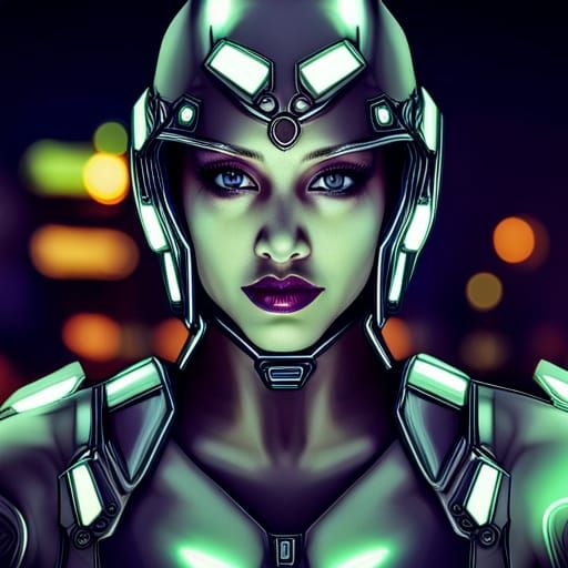 Portrait of a cyborg girl wearing futuristic face armor in a neon city ...