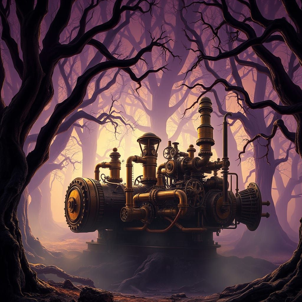 Gothic, dark fantasy, steampunk engine, with intricate brass pipes and ...