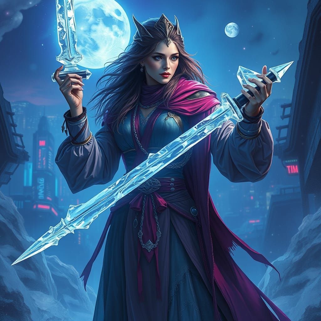 Cyberpunk Ice Sorceress Empowered by Midnight Blue... - AI Art