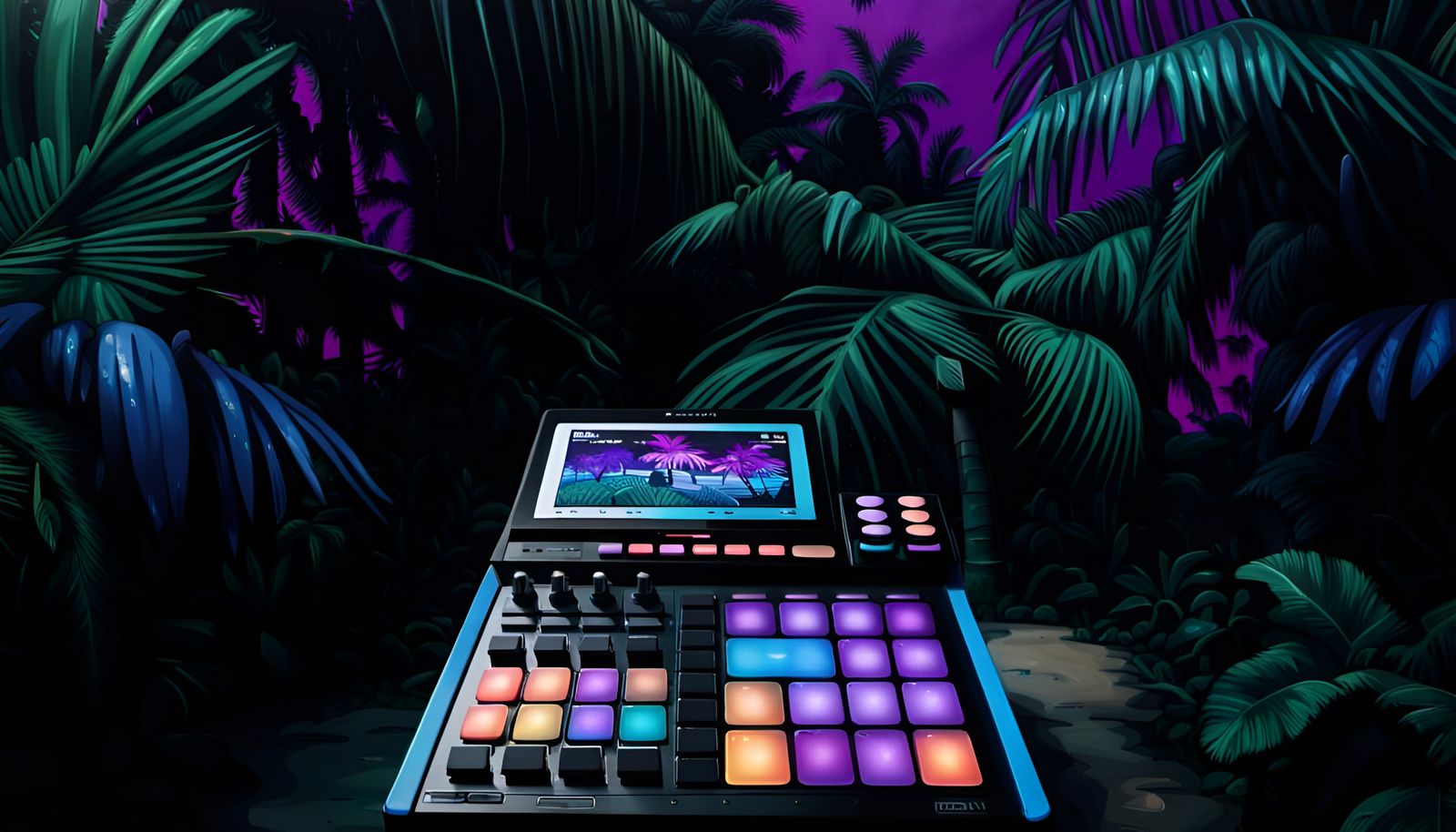 A Maschine MK3 beatmaking device sits in the foreground of a lush ...