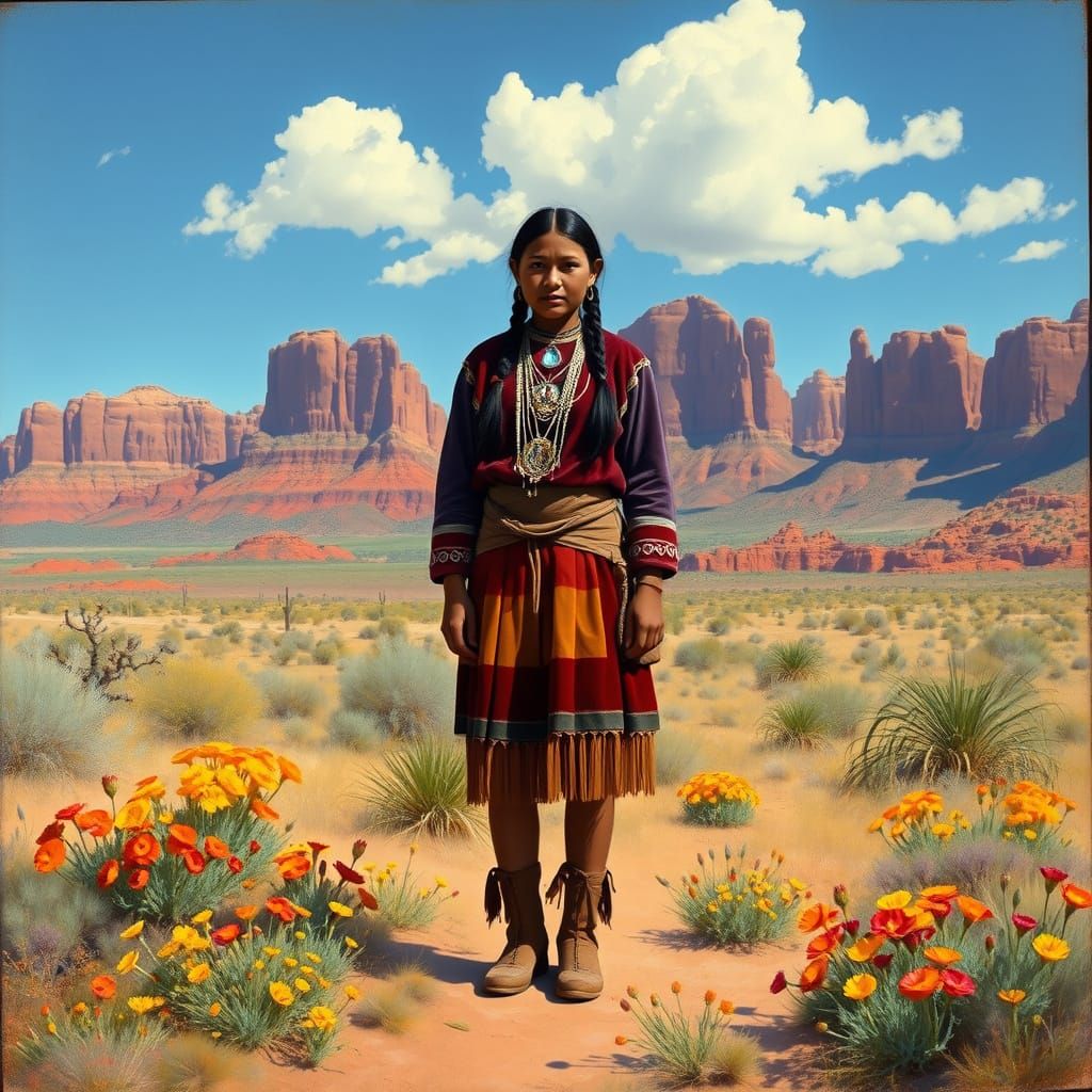 Traditional Hopi Woman Surrounded by Desert Wildfl... - AI Art
