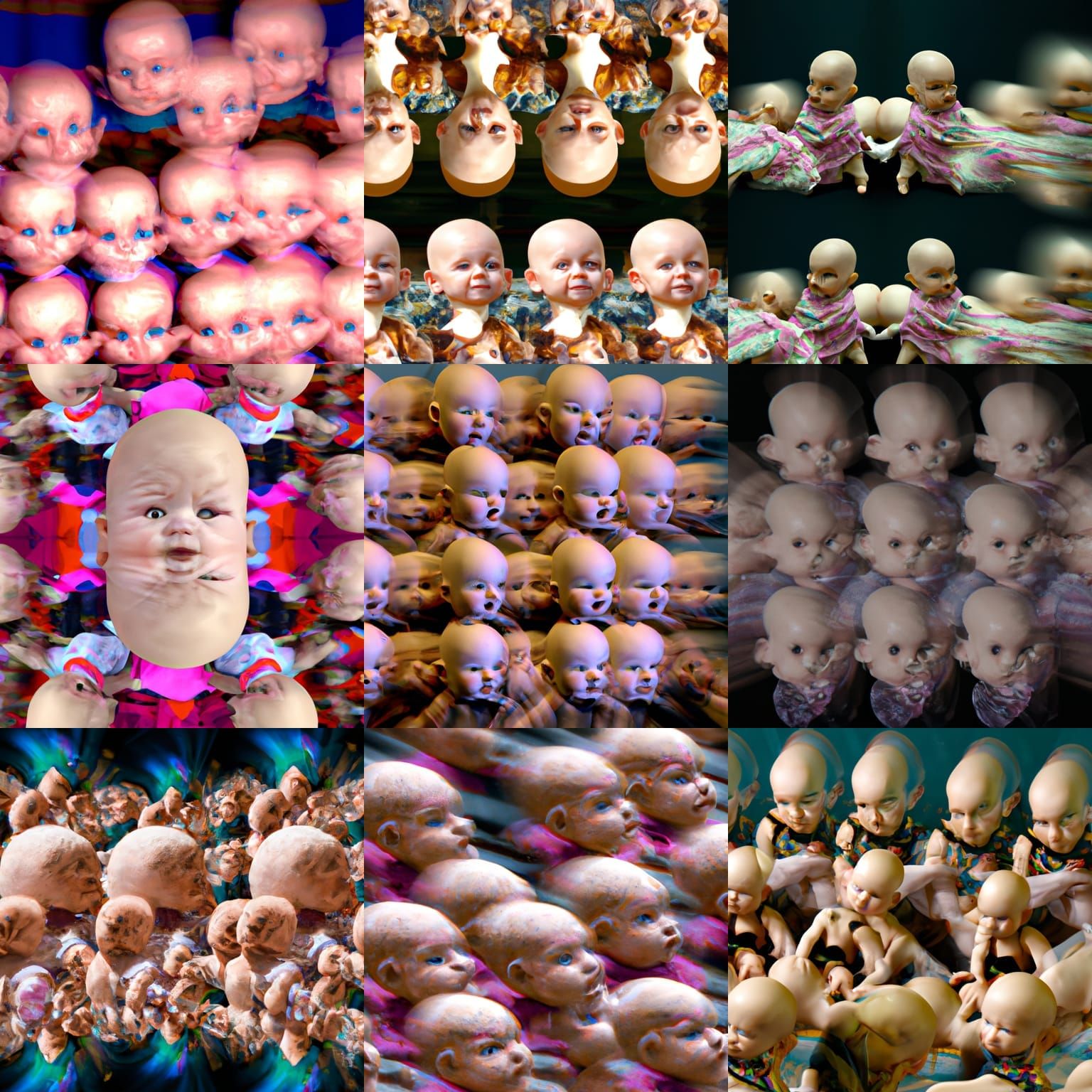 Bald baby doll multiplying psychedelic recursion Broken shattered in pieces baby doll fractal ...