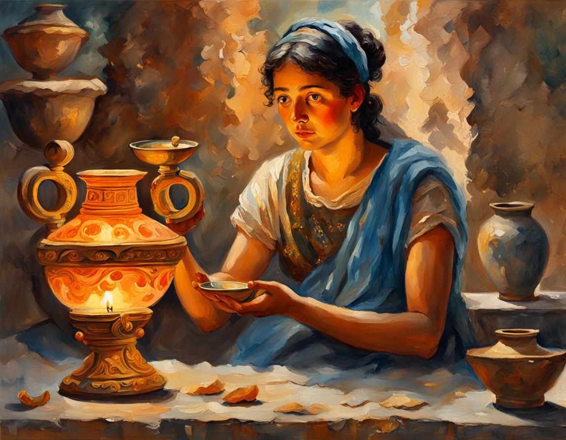 Highly detailed Roman oil lamp showing decoration of a young woman - AI ...