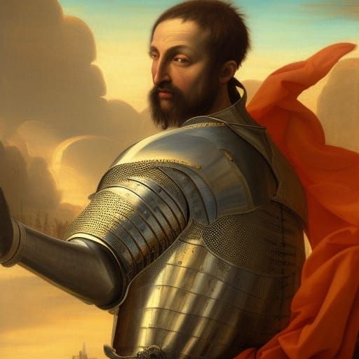 renaissance painting of a knight sitting in the sunlight with his chin ...