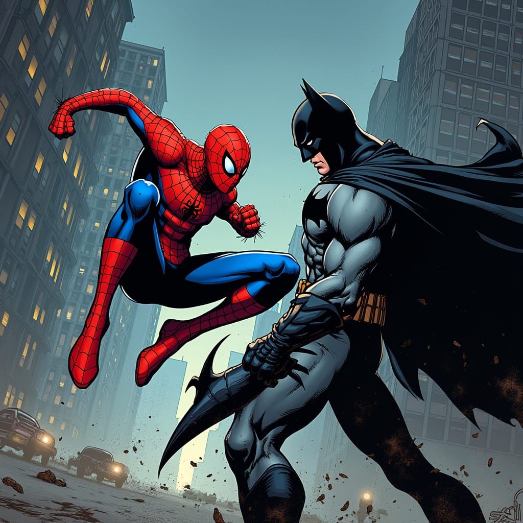 Dynamic Superhero Clash in Dark Urban Landscape - AI Art