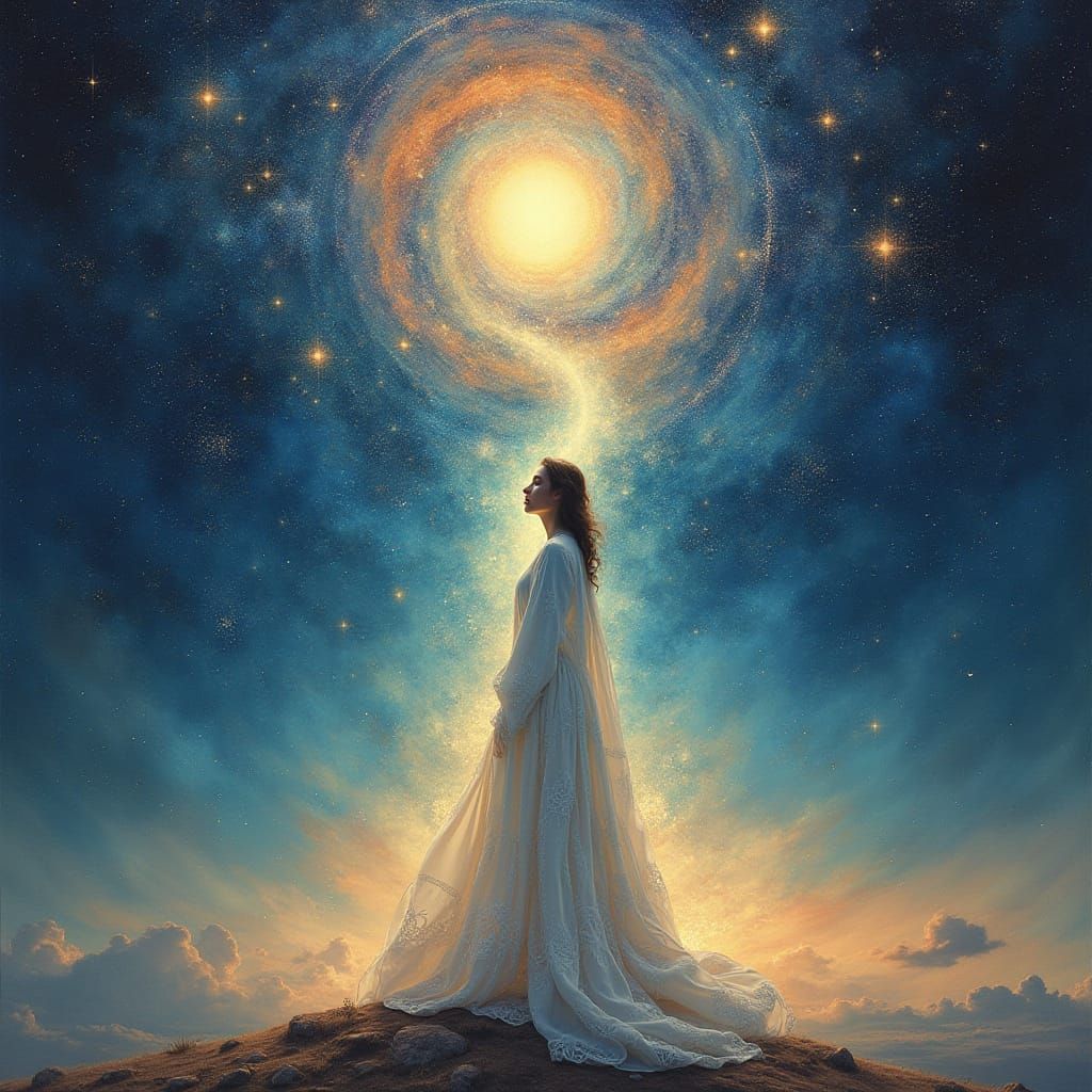 Across the universe - Ethereal Cosmic Figure Embracing the U...