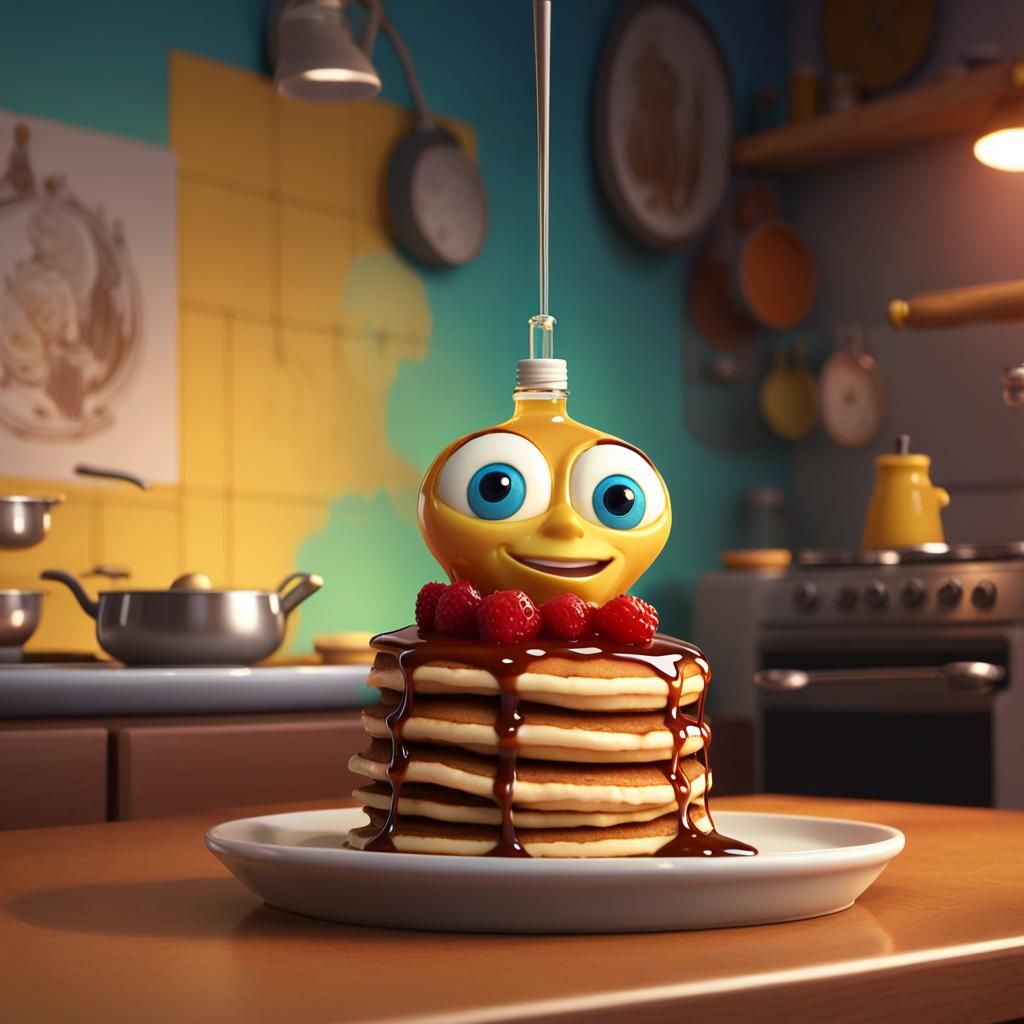 A happy bottle of syrup with a face on top of pancakes. - AI Generated ...