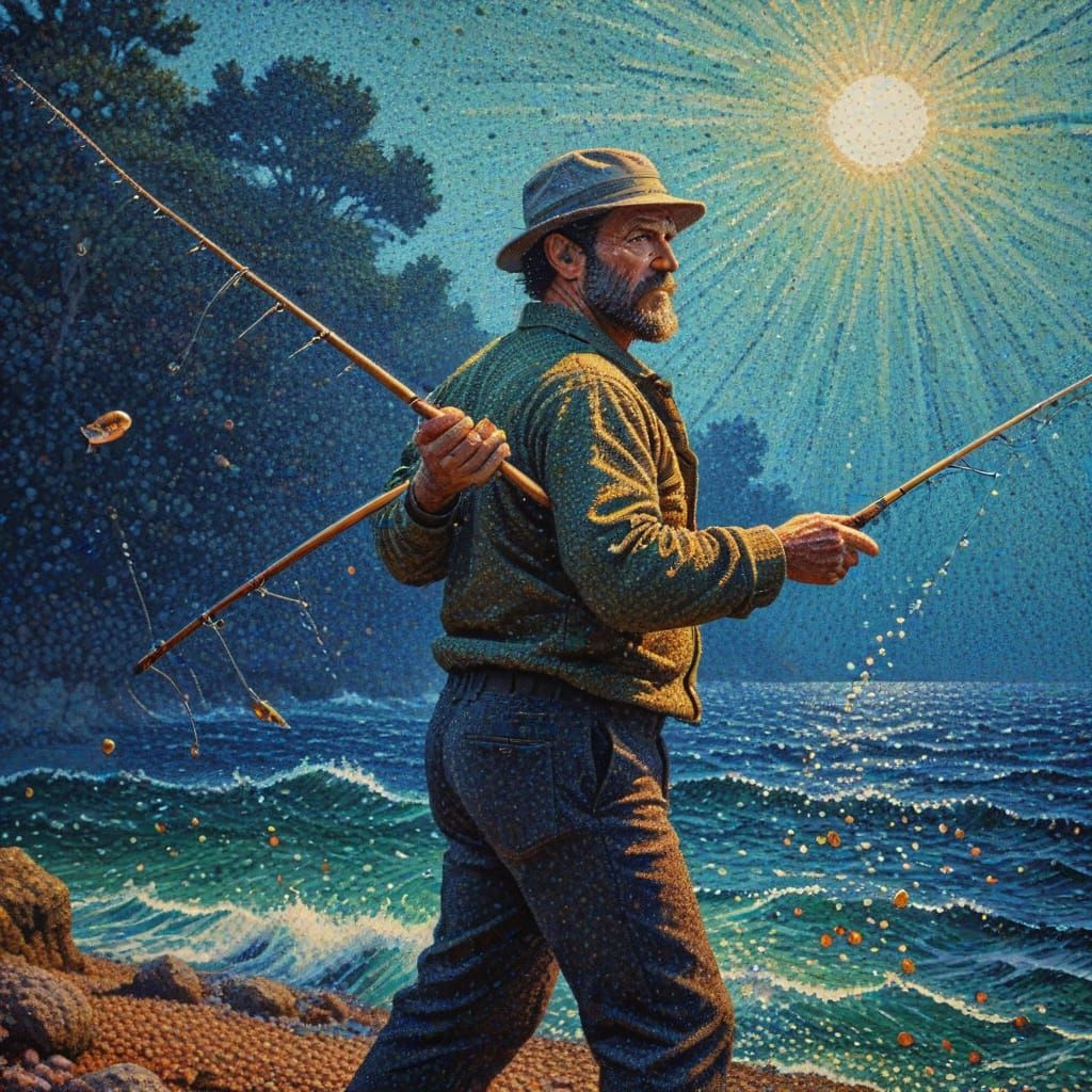 Pointillism Masterpiece of a Fisherman in Motion - AI Art