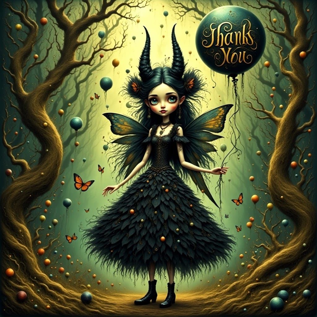 painting of a cute gothic fairy with large, expressive eyes, wearing a ...