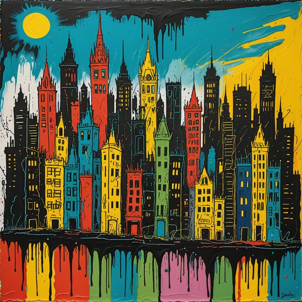 crayon sketch, city - Vibrant Cityscape in Expressive Basq...