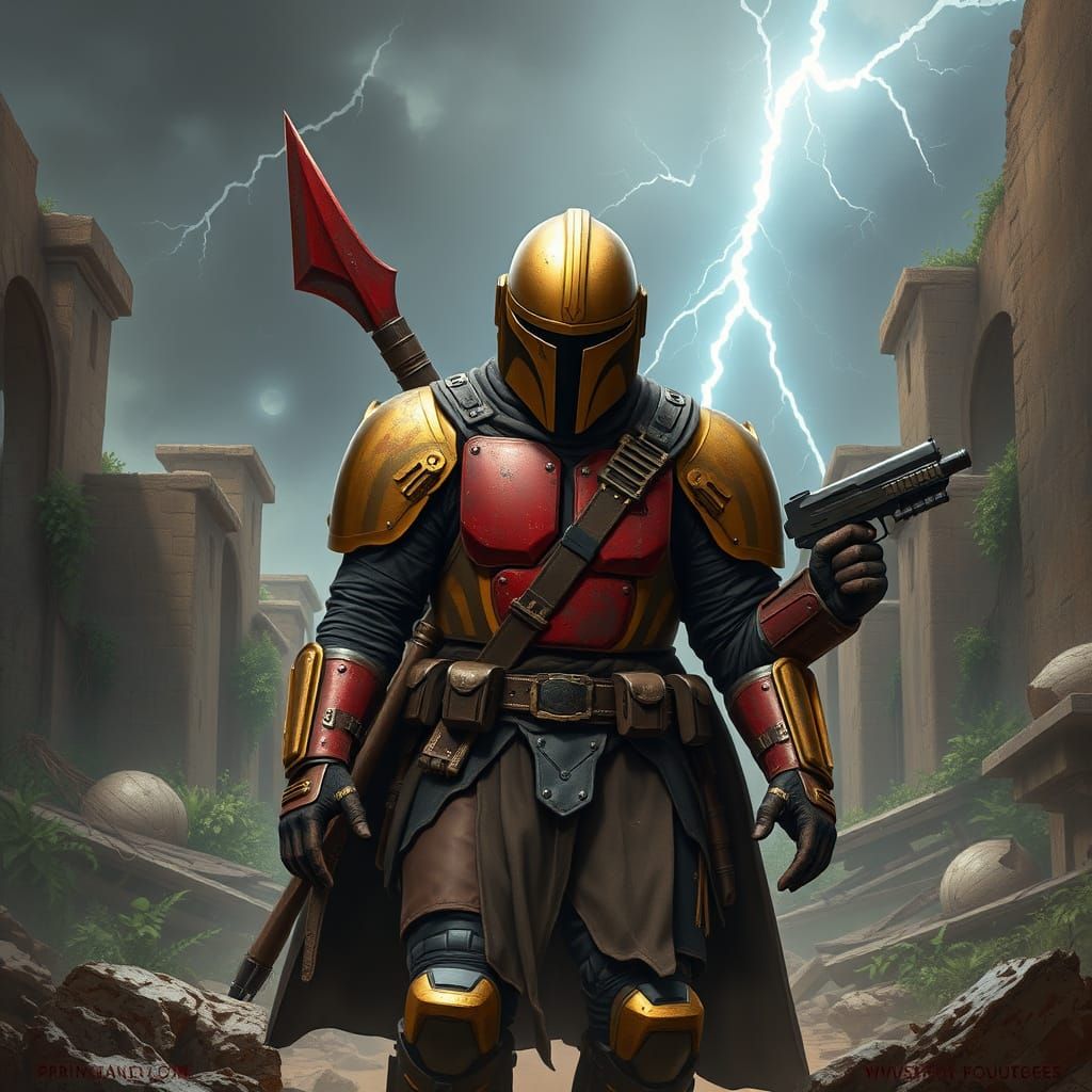 Warrior of Mandalore Emerges from Ruins in Neo-Cru... - AI Art
