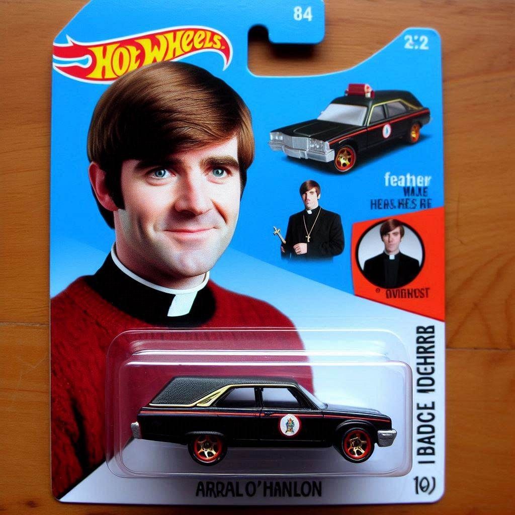 Ardal O’Hanlon as Father Dougal McGuire on a Hot Wheels card with a die ...