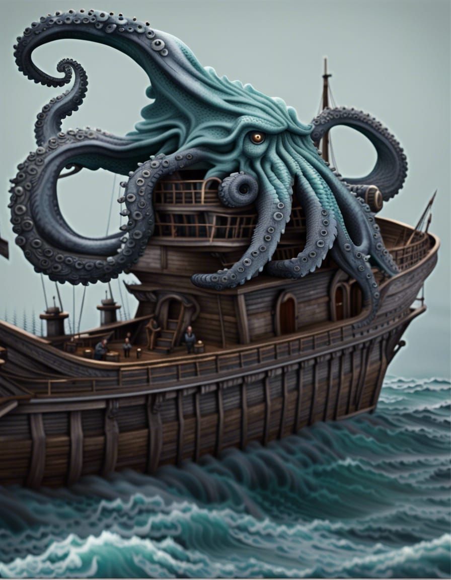 kraken, detailed intricate large ship, rough ocean waves ...