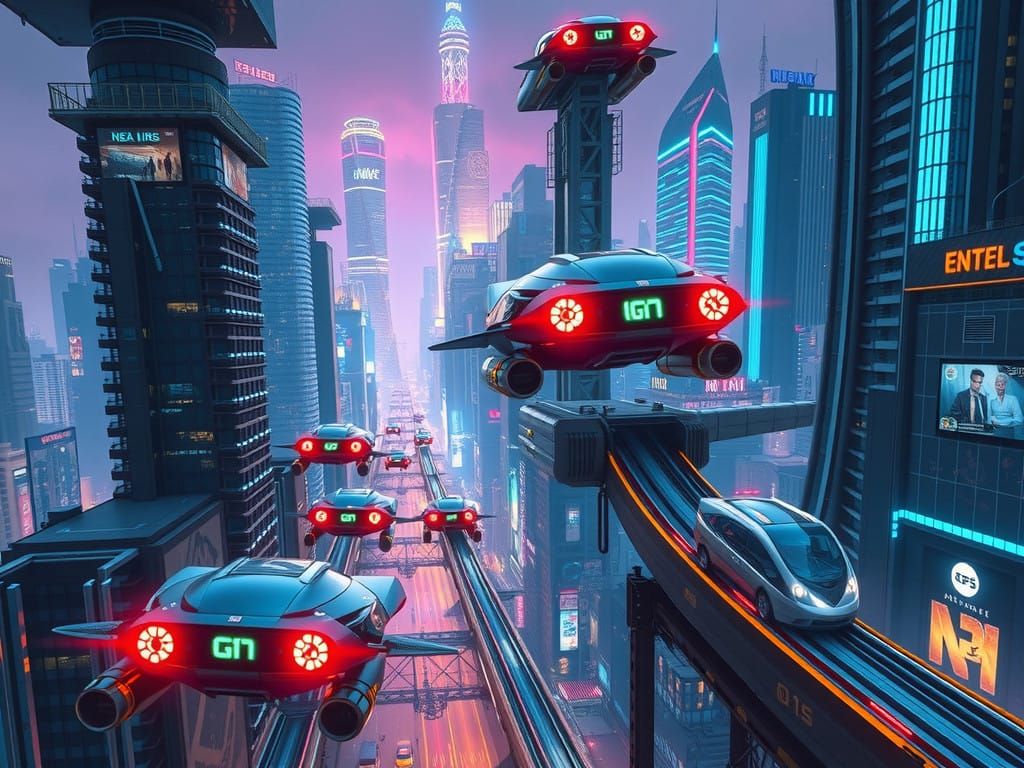 A futuristic city filled with hover cars, trains on holographic tracks ...