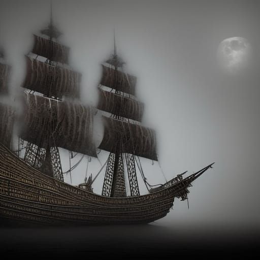 A medium shot A ghost pirate ship with worn weathered sails with 3 mast ...