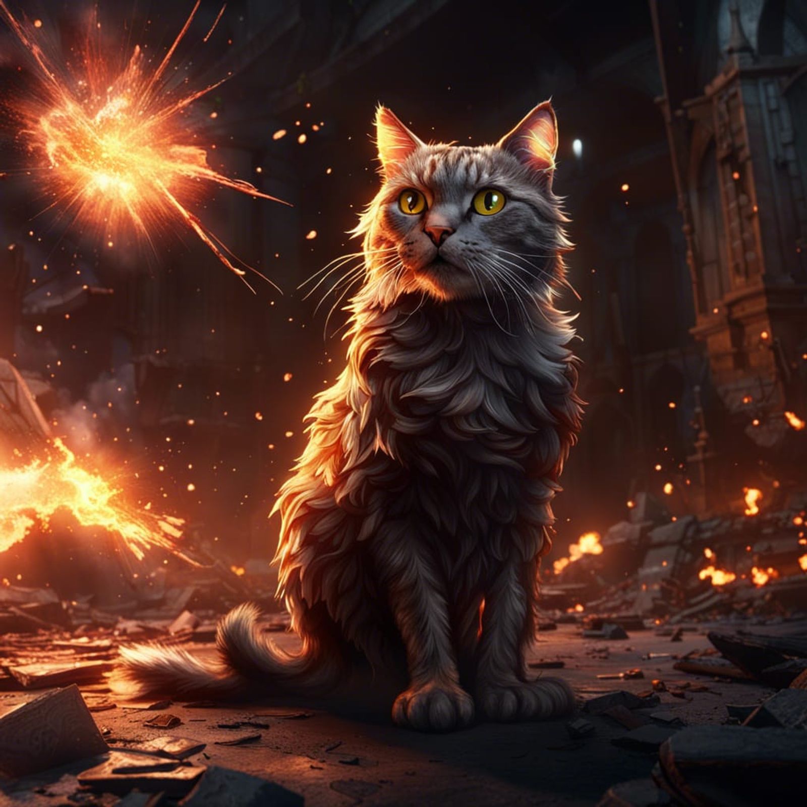a suprised looking cat infront of an explosion - AI Generated Artwork ...