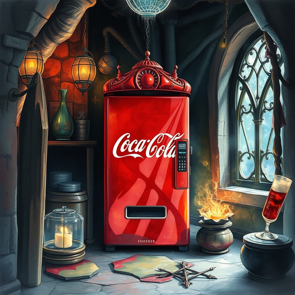 Enchanted Coca Cola Machine in Wizard's Lair, Digi... - AI Art