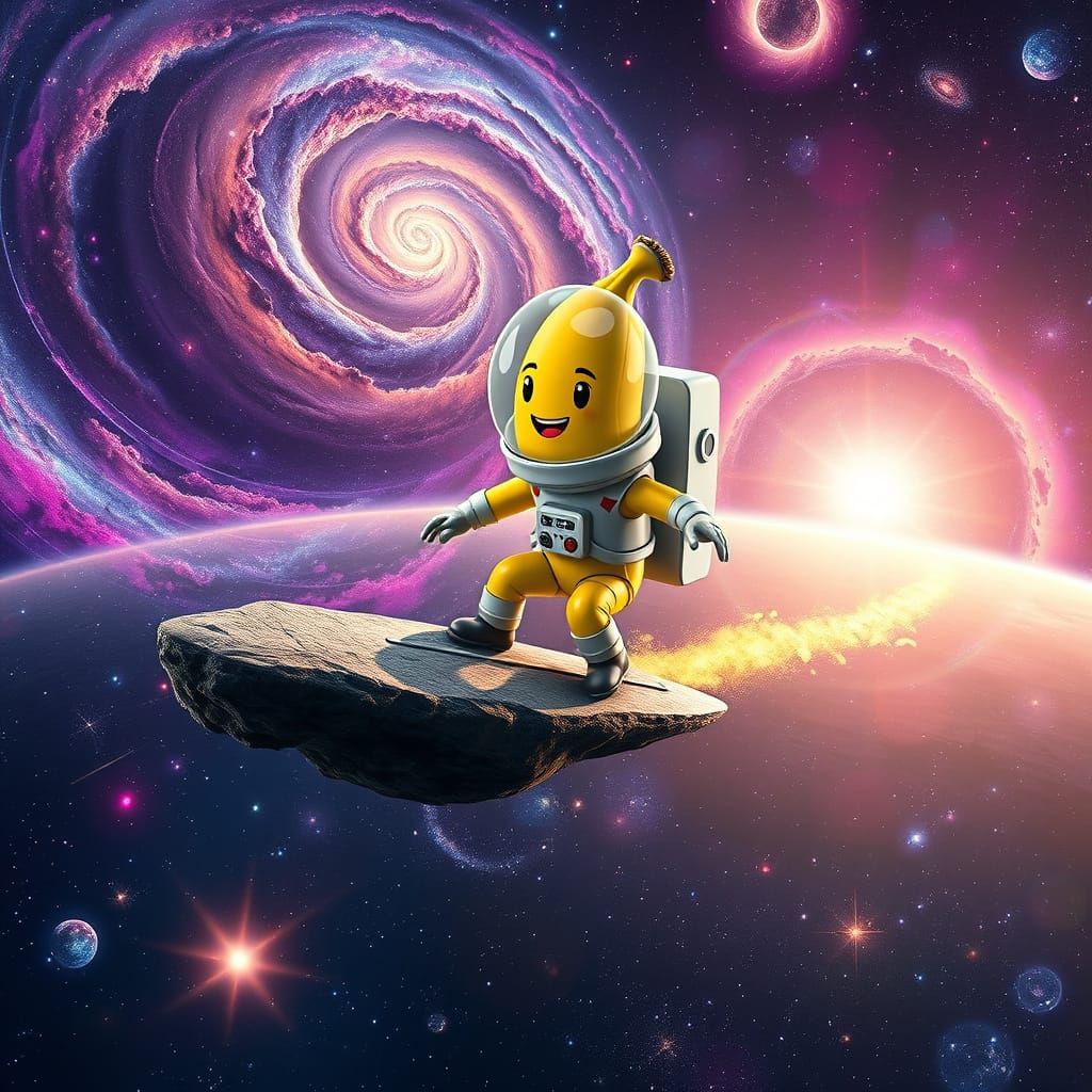 Banana Astronaut in Cosmic Surfing Adventure - AI Art