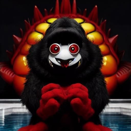 a fuzzy red and black blob with oversized human teeth, big eyes, long ...