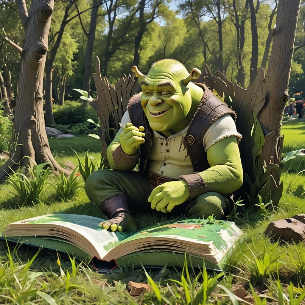 A beautiful huge open pop up book is in the grass. The Shrek and his ...