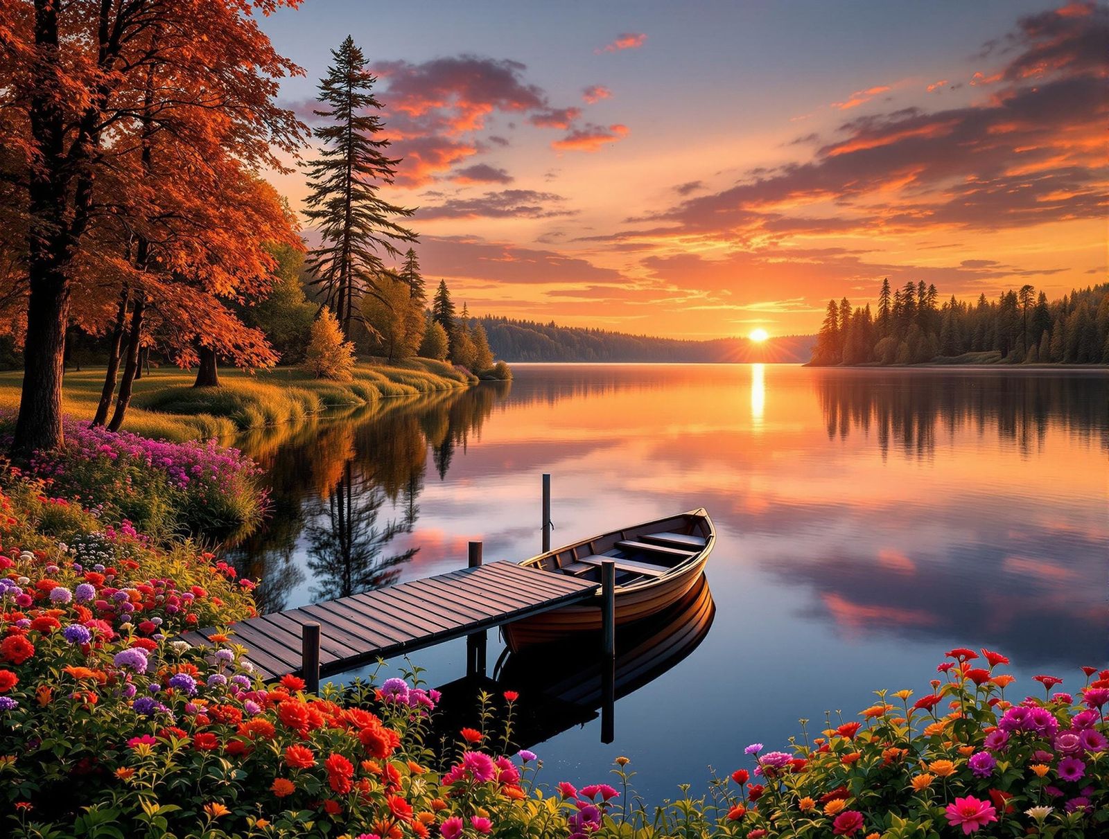 A serene landscape photo depicts a tranquil lake scene at sunset. The ...