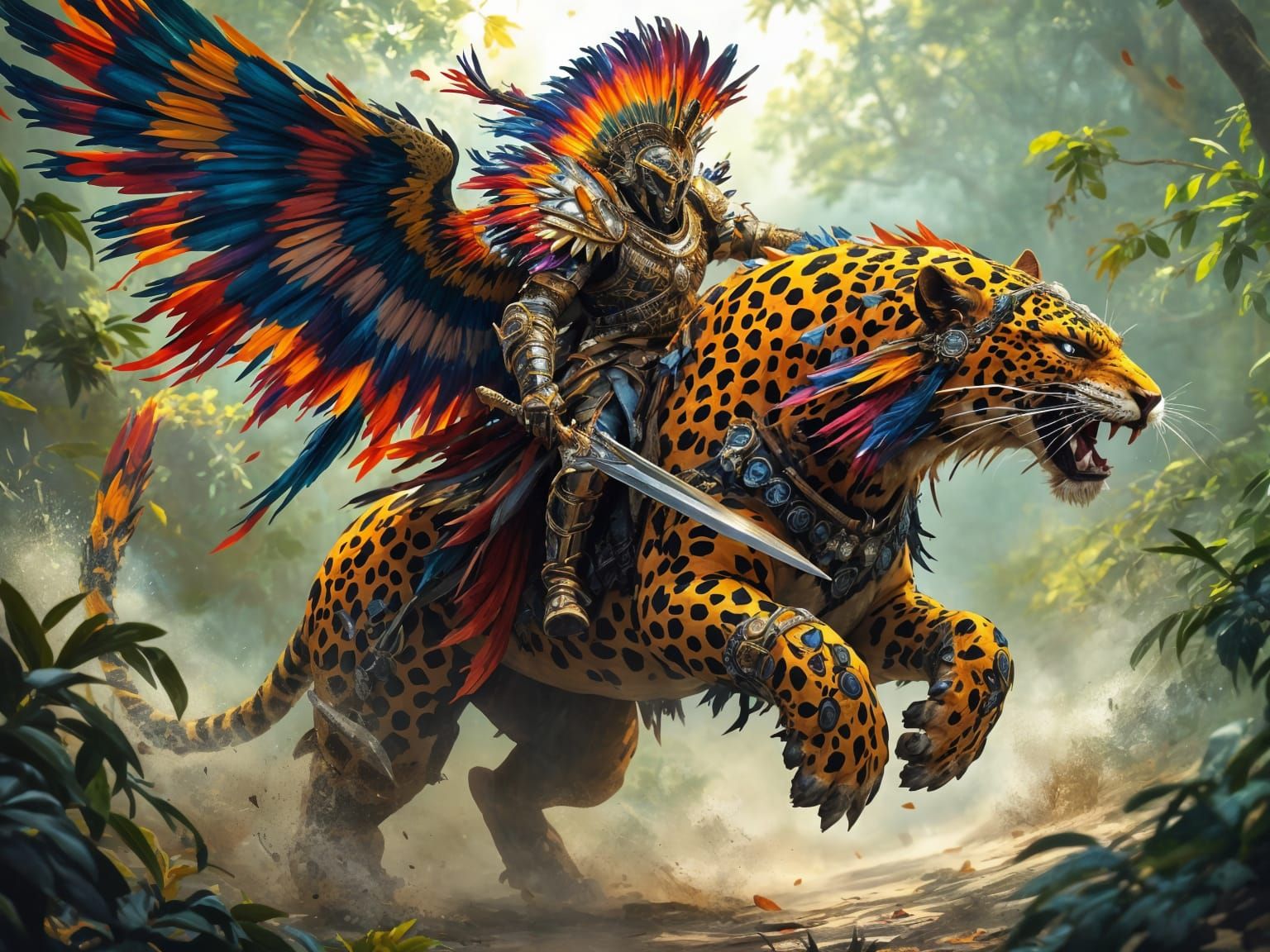 Aztec Knight - Aztec Knight on Leopard Through Jungle