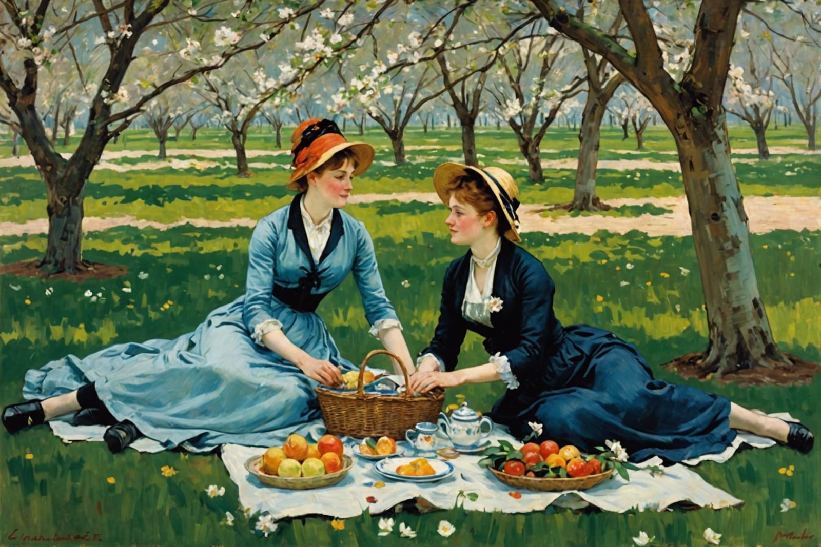 Art by Édouard Manet, amidst a blossoming cherry orchard, a lesbian ...