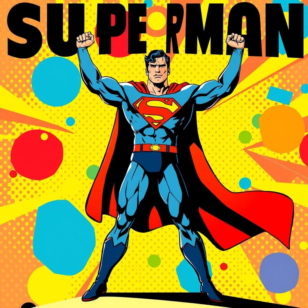 Superman Heroically Dominates Ben-Day Dot Backgrou... - AI Art