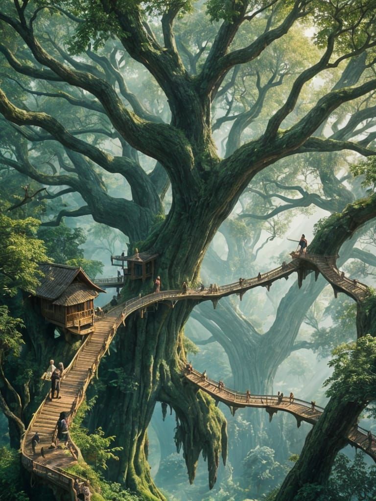Surreal Fantasy Tree City in Ethereal Light - AI Art