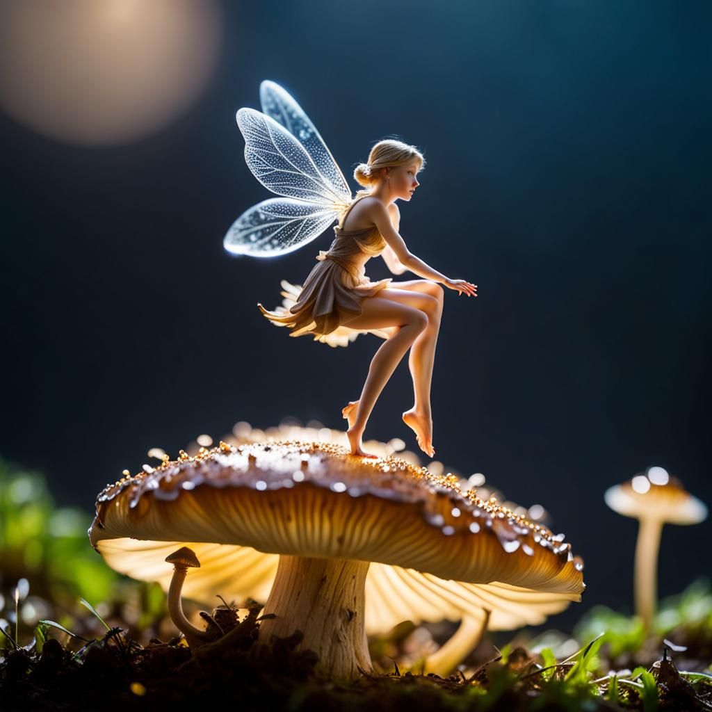 Macro photography of a tiny fairy moonbathing on a mushroom. skin ...