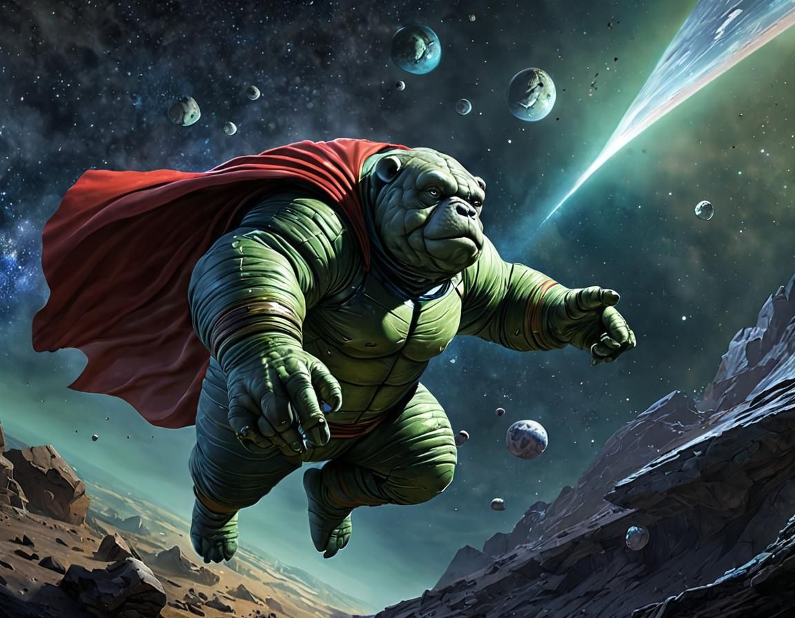 planetary size tardigrade as superhero in a costume catching huge ...