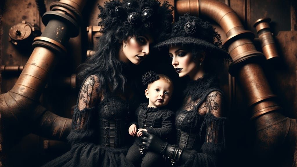 Gothic Mother and Baby Silhouette in Steampunk Set... - AI Art