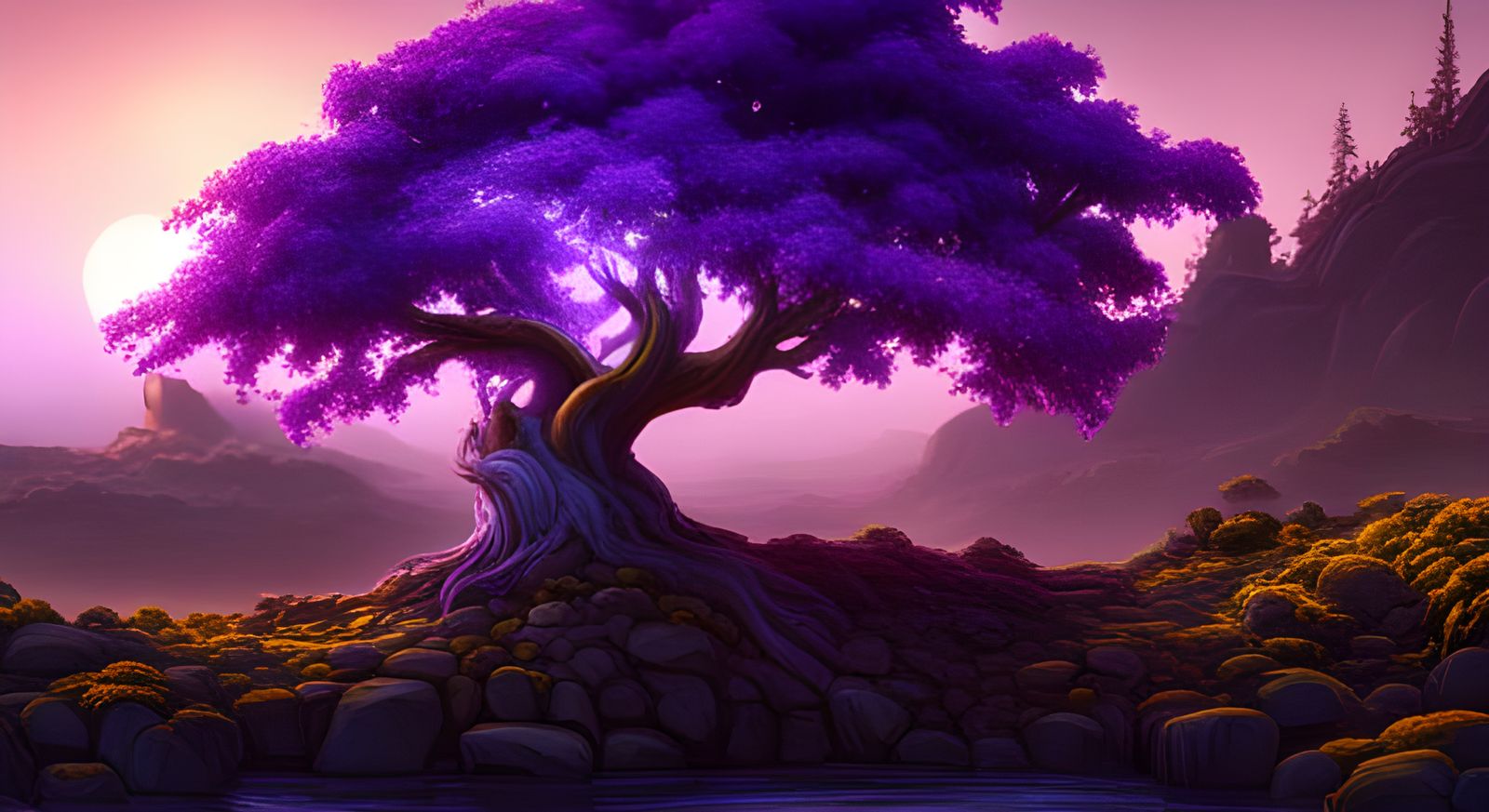 Purple Hibiscus tree glowing in night - AI Generated Artwork ...