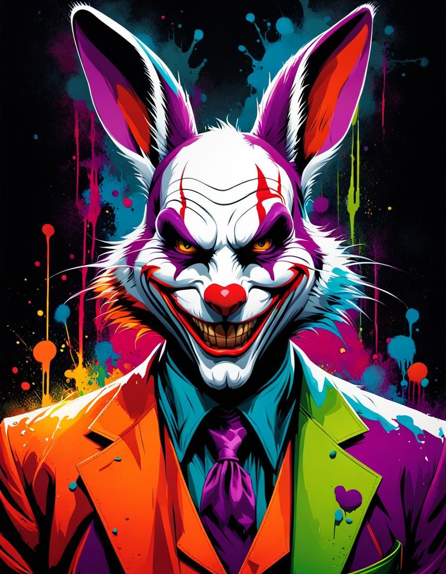 Personified colorful scary rabbit as the Joker, looking into the camera ...