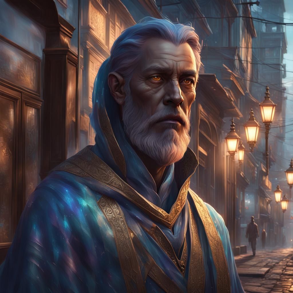 Blue Spectral ghost drifts down the street at dusk, lamp lights shine ...