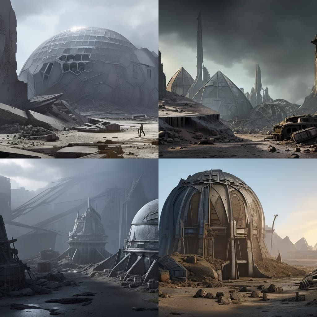 ruined geodesic dome in vast ruined concrete post-apocalypse city - AI ...