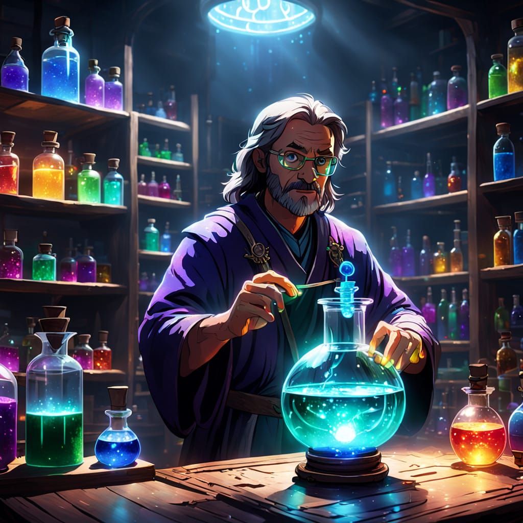 Magical Alchemist Creates Shimmering Elixirs in Vi... - AI Art