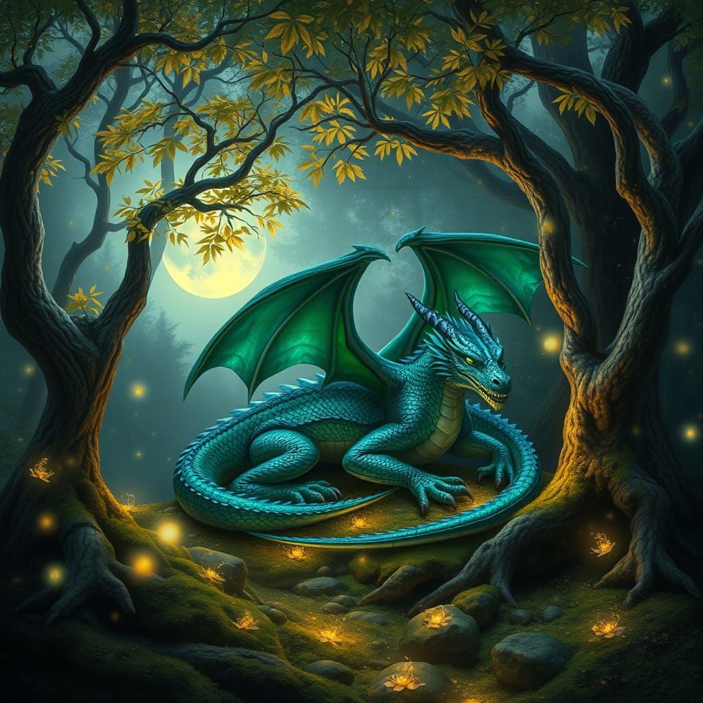 Serenely Resting Dragon in Enchanted Forest with S... - AI Art
