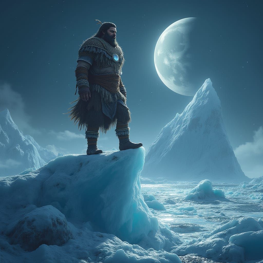 Ethereal Inuit Warrior on Glittering Iceberg at Mo... - AI Art