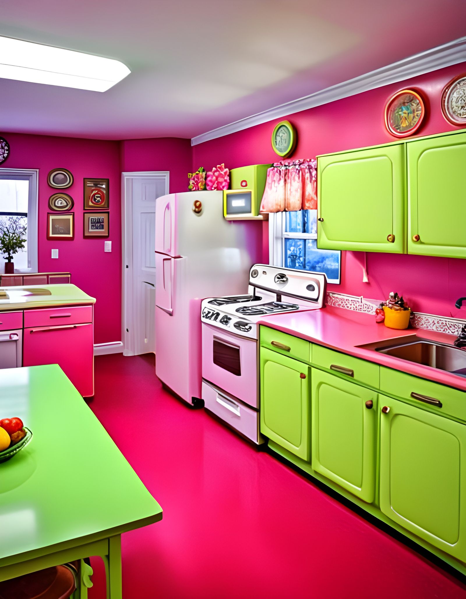 1960’s kitchen displaying pink cabinets and apple green countertops and ...